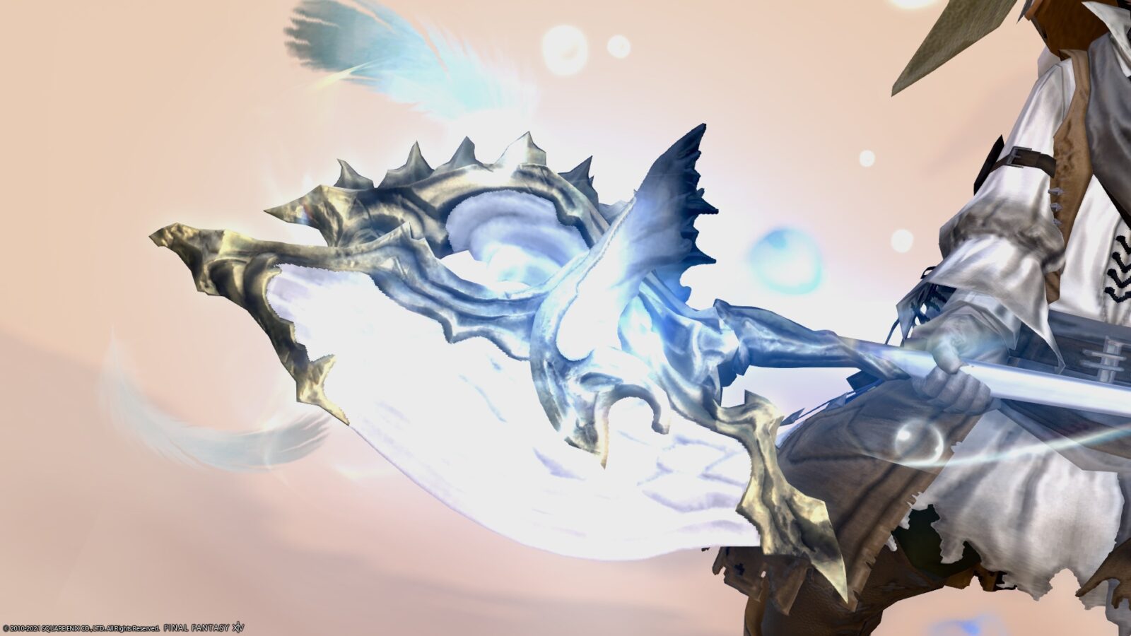 A warrior’s glowing axe with beautiful bubbles and feather effects ...