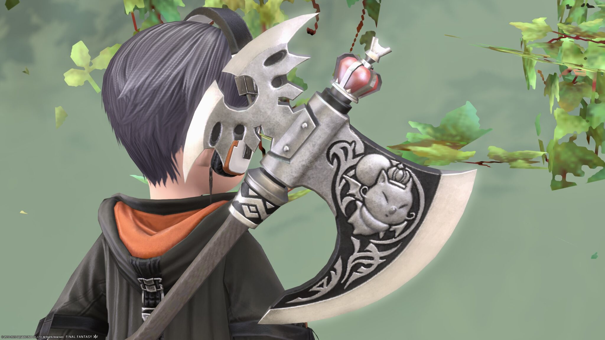 A cute moogle axe of a warrior with dancing glowing musical notes ...