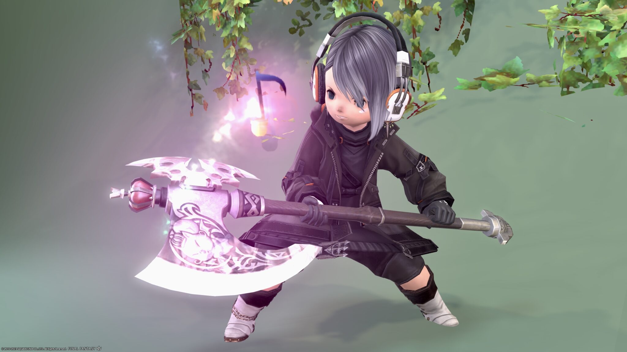 A cute moogle axe of a warrior with dancing glowing musical notes ...